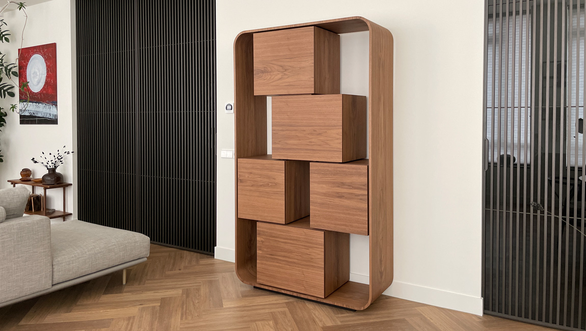 Wall Unit Qube in oak and copper - design by Ronald Knol